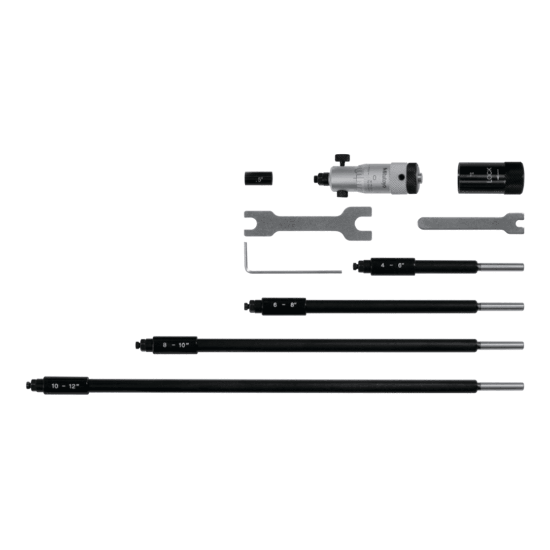 141-233 Mitutoyo Inside Micrometer, Interchangeable Rods 2-12″, with 5 ...
