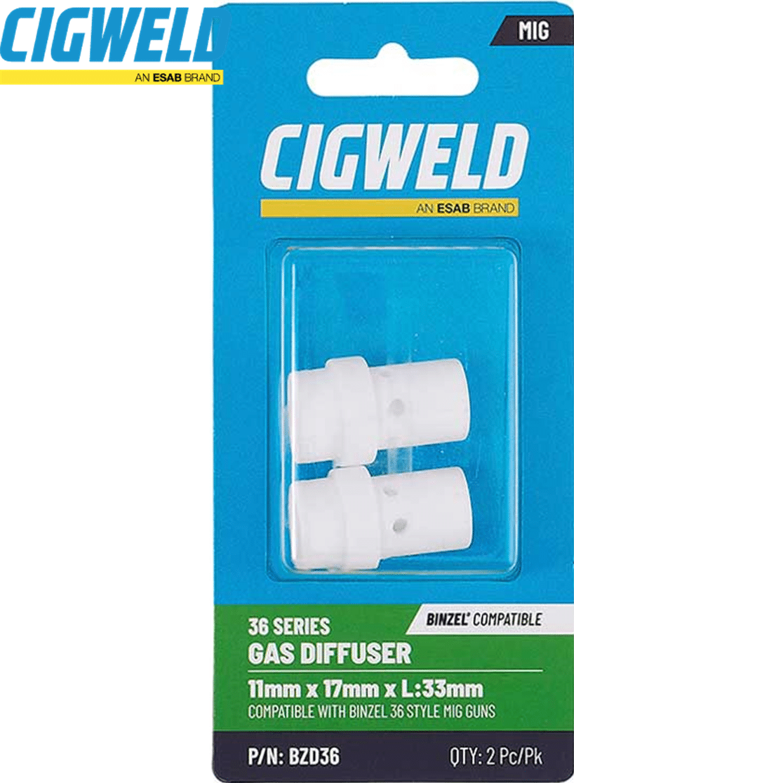 BZD36 Cigweld Binzel 36 Compatible Gas Diffuser Standard 11mm 2Pk ...